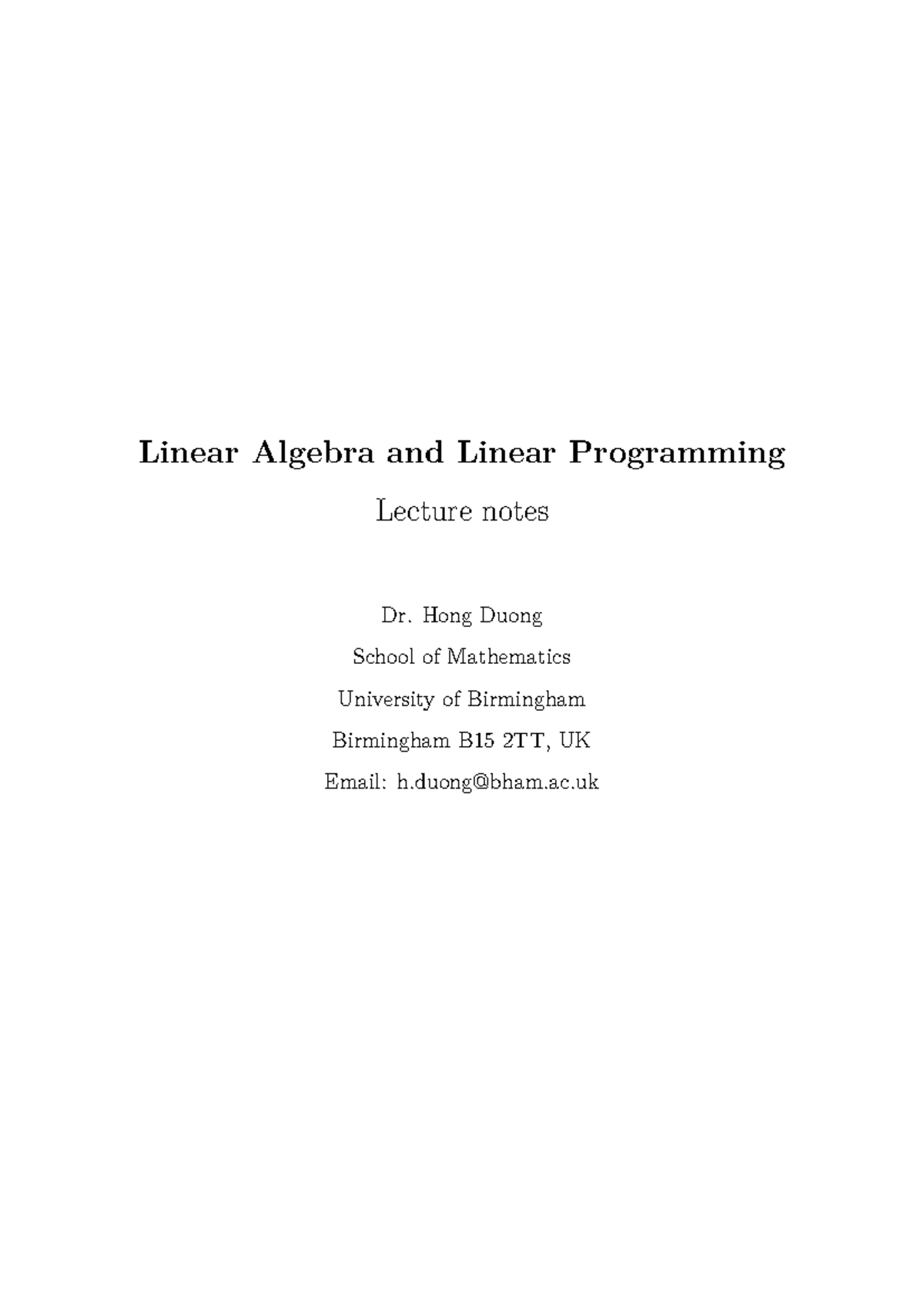 Lecture Notes for Linear Algebra and Linear Programming (MATH 101 ...