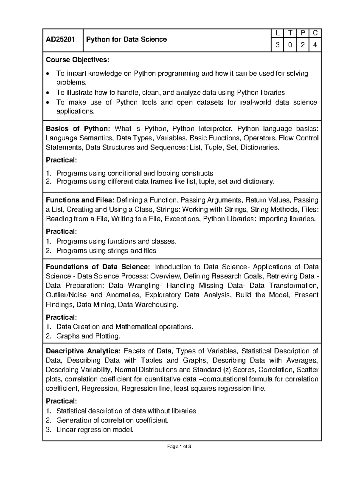 AD25201 Python for Data Science - Syllabus Overview - Studocu