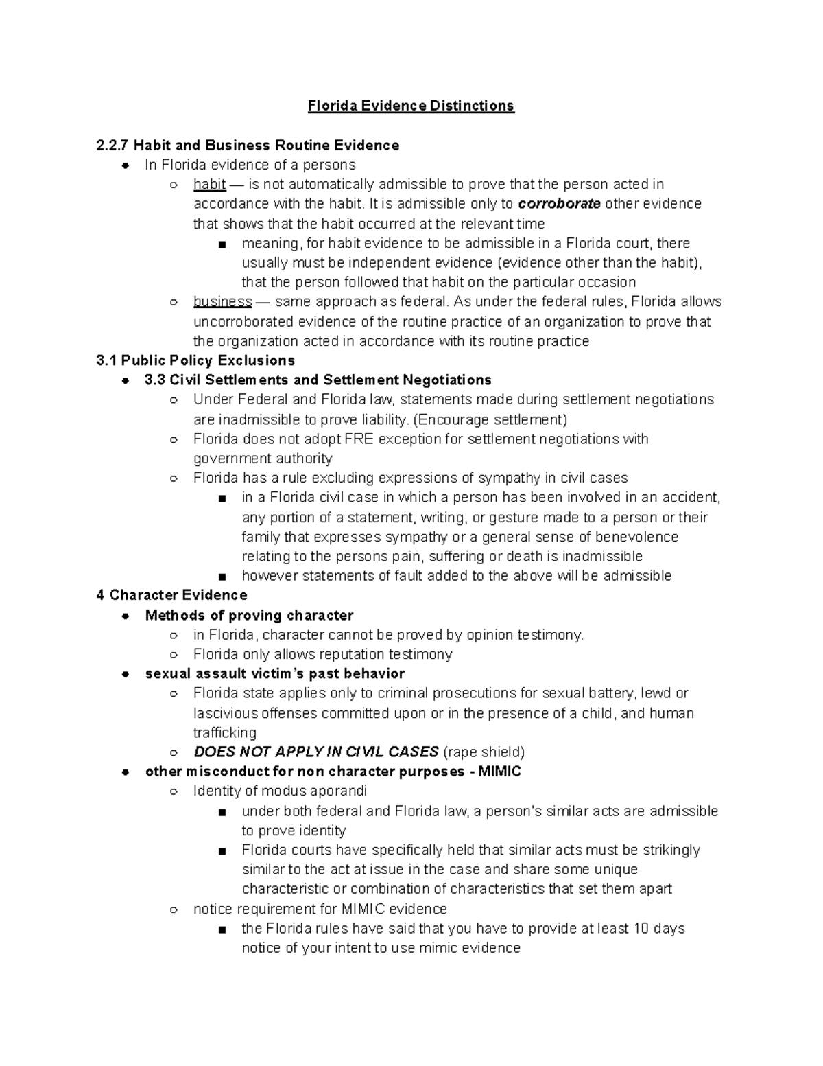 Florida Evidence Distinctions: Key Rules on Habit, Character, and ...