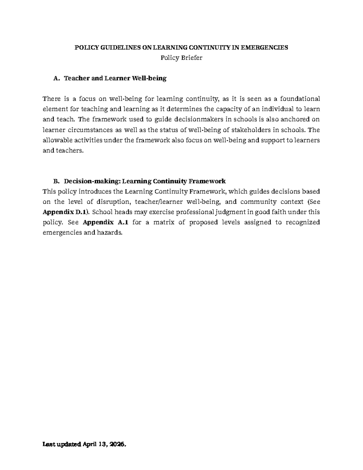 POLICY BRIEFER: LEARNING CONTINUITY IN EMERGENCIES (Ei E) - Studocu