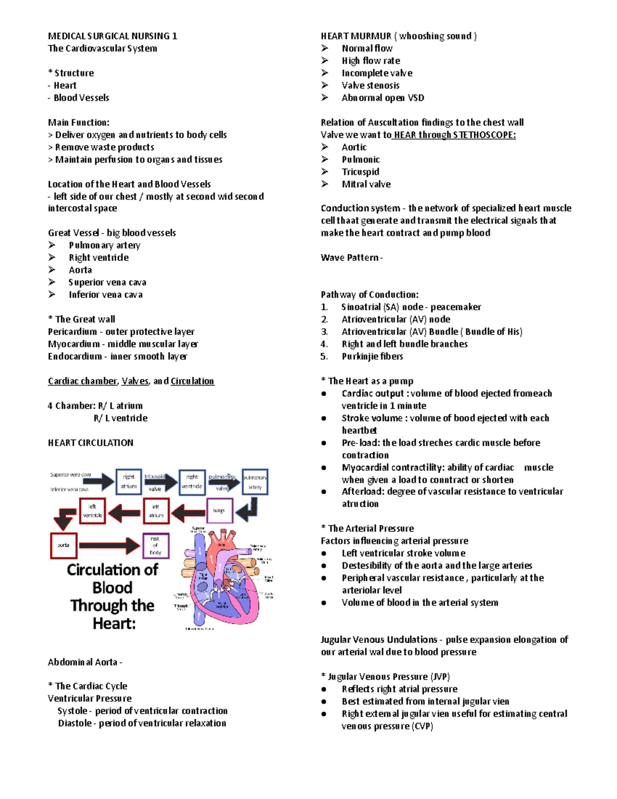 Cardiovascular System Overview - MEDICAL SURGICAL NURSING 1 - Studocu