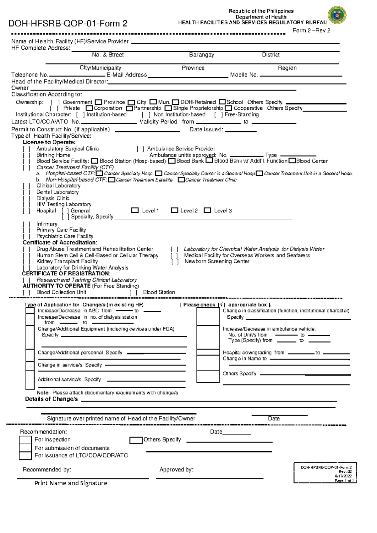DOH HFSRB Form 2: Health Facility Provider Registration Details - Studocu