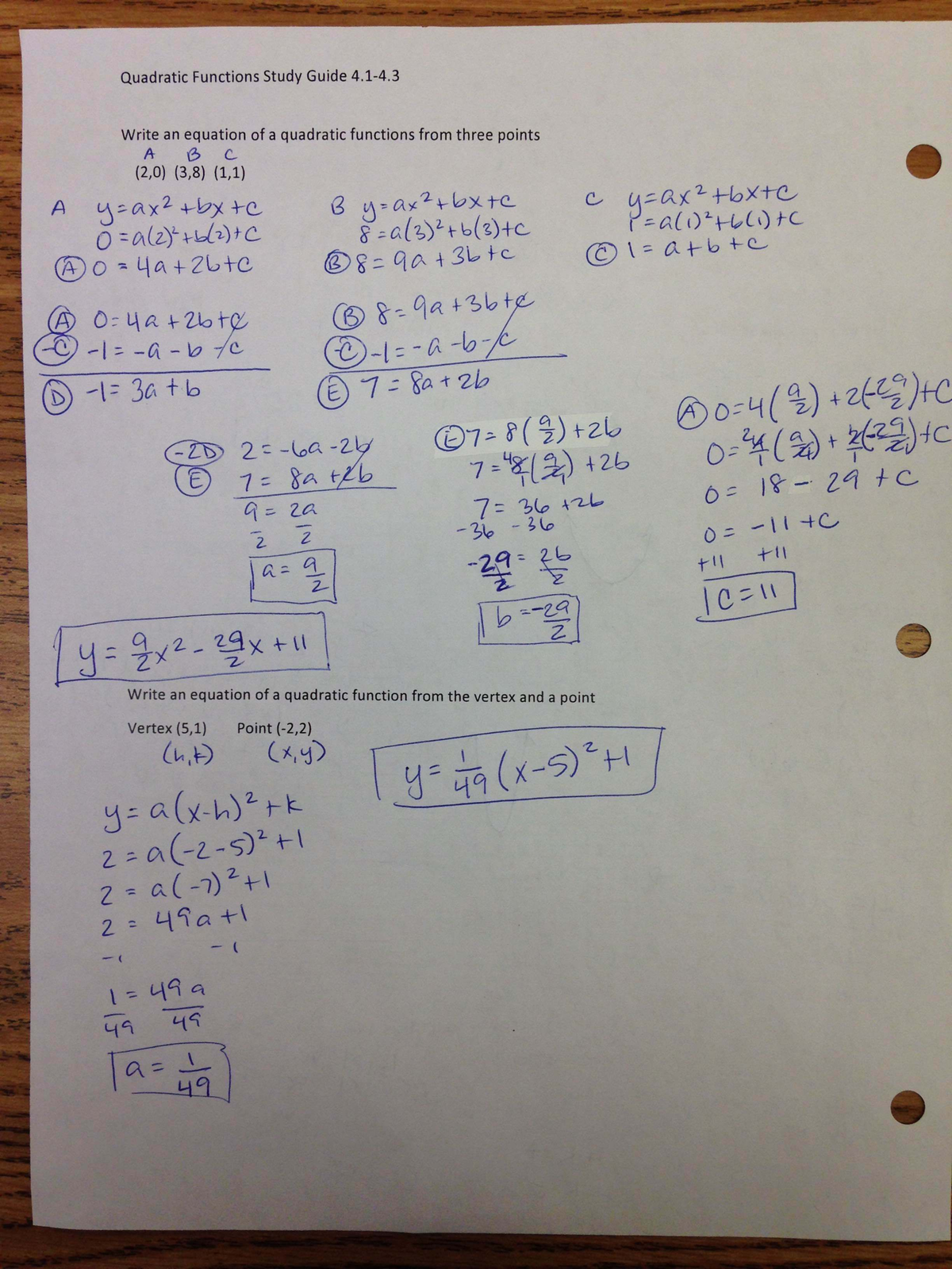 Quadratic Functions Study Guide: Equations from Points & Vertex - Studocu