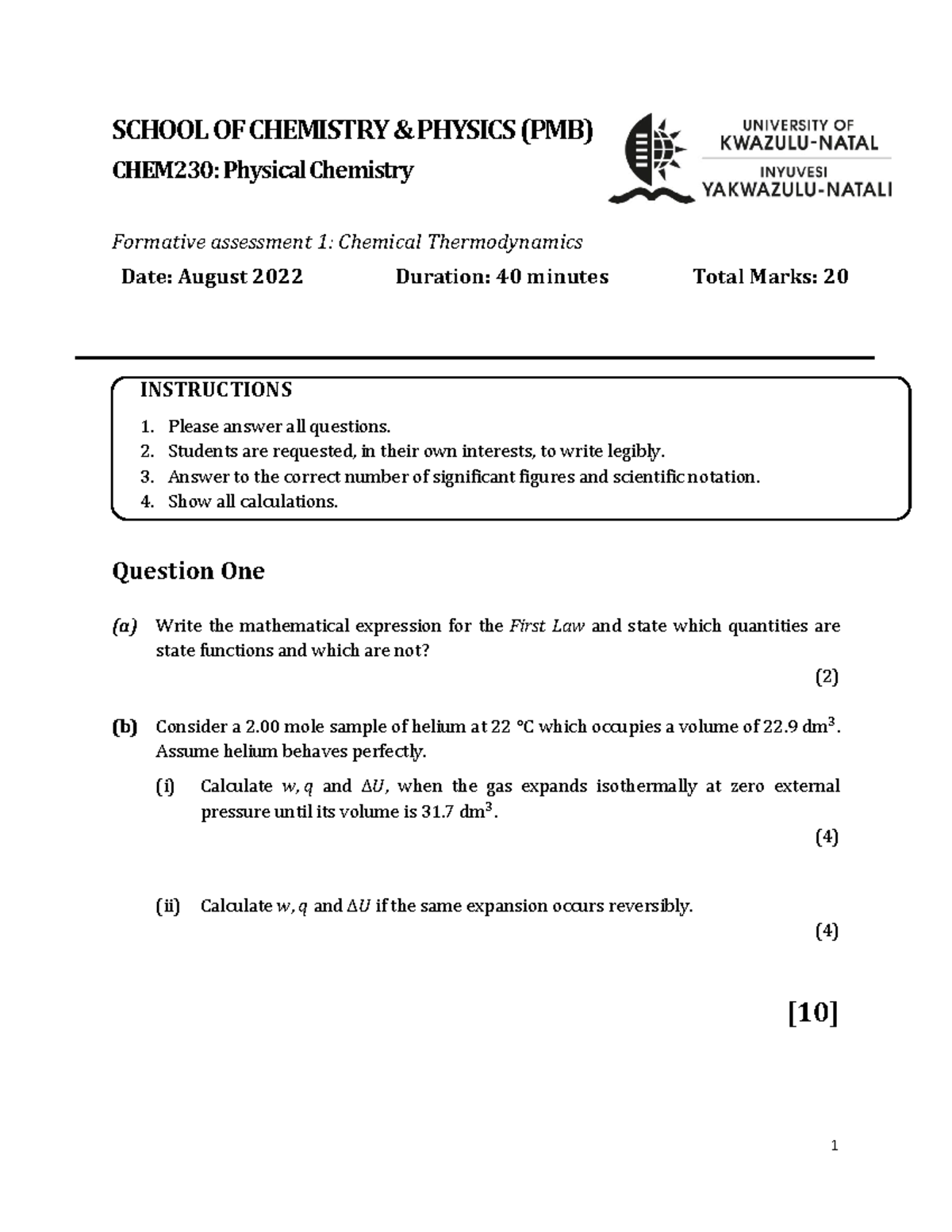 Chem230: Physical Chemistry Formative Assessment 1 - Thermodynamics ...