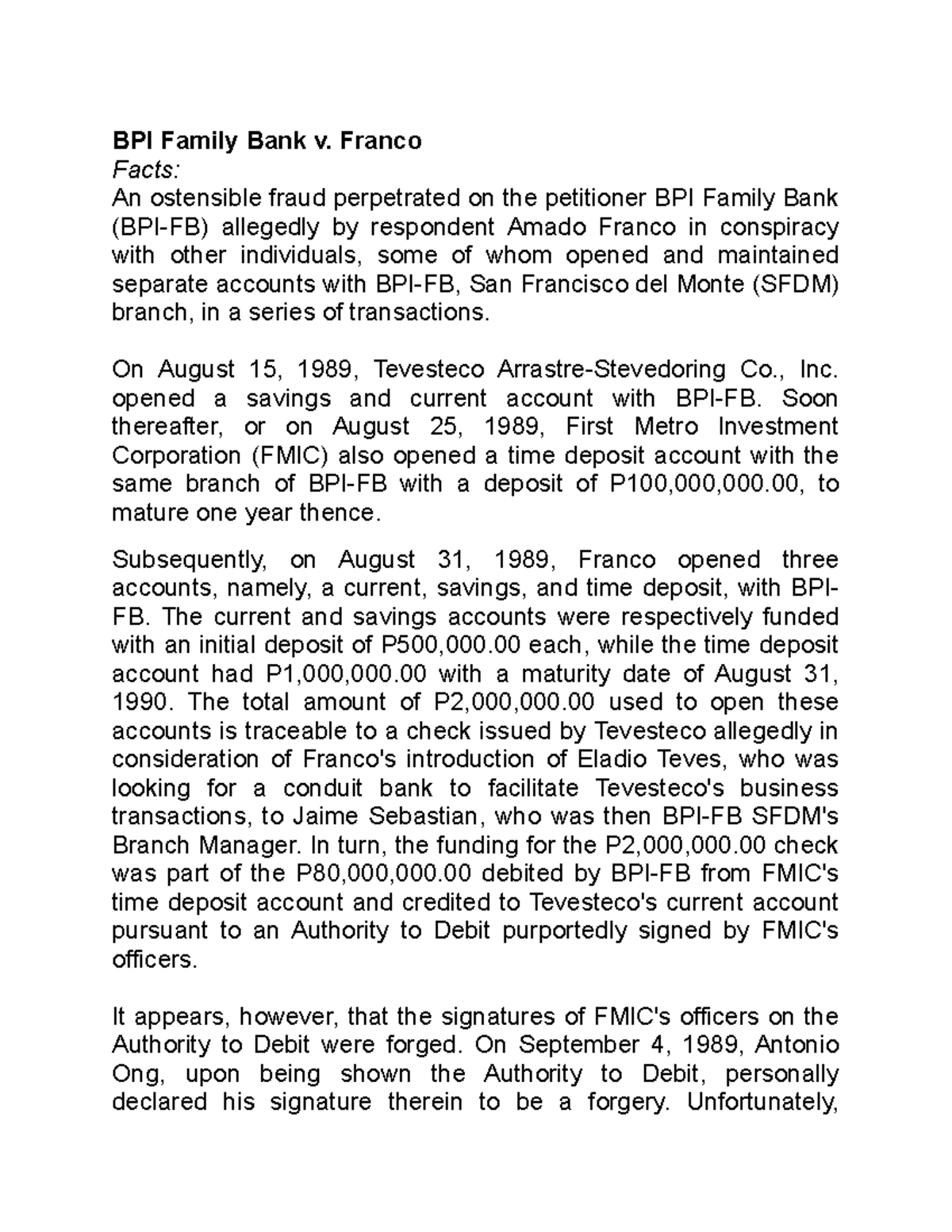 BPI-FB v. Franco Case Study: Fraud and Forgery Issues Explained - Studocu