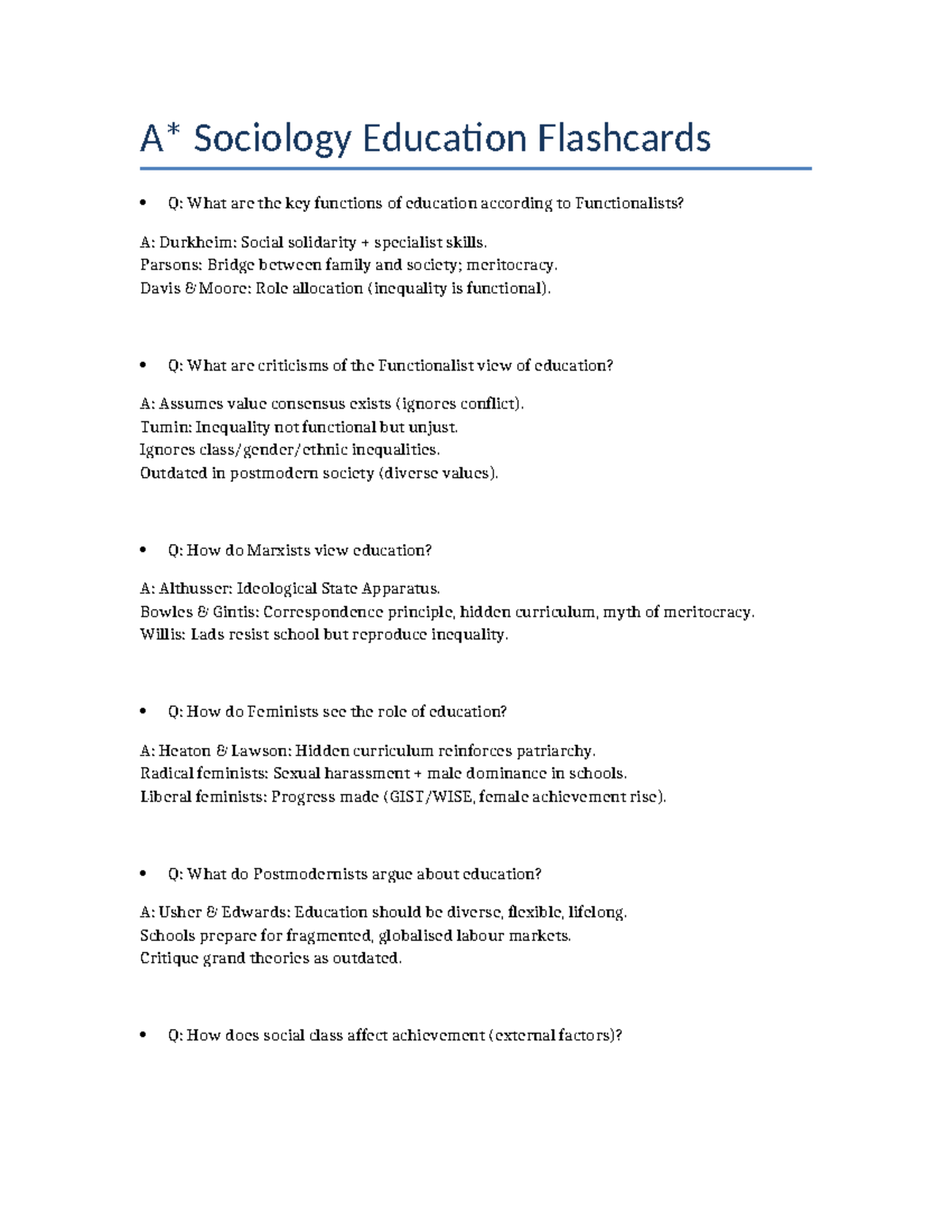 Sociology Education Flashcards: Key Theories & Critiques - Studocu