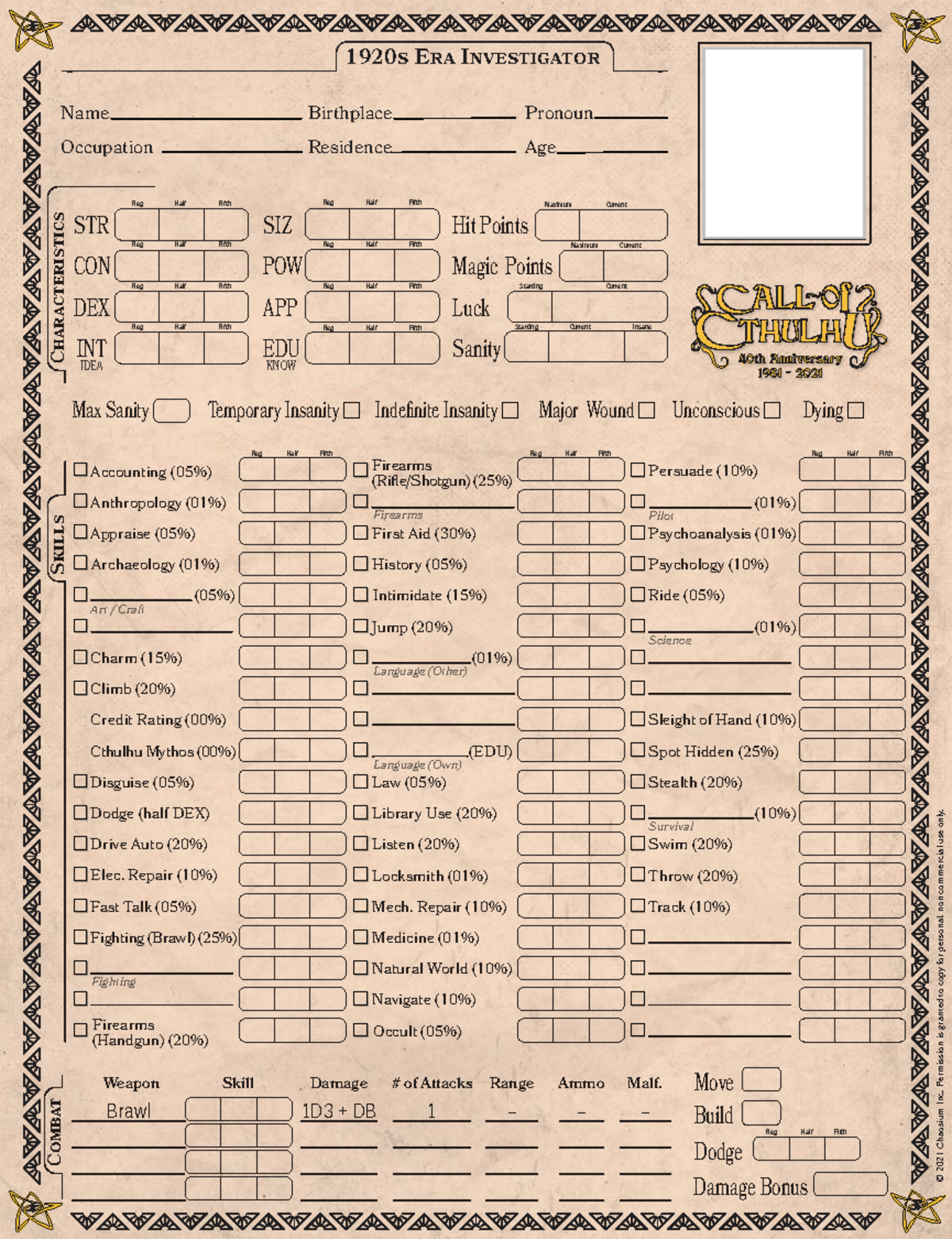 C7 PC Sheet - Auto-Fill - 1920s Era Character Overview - Studocu