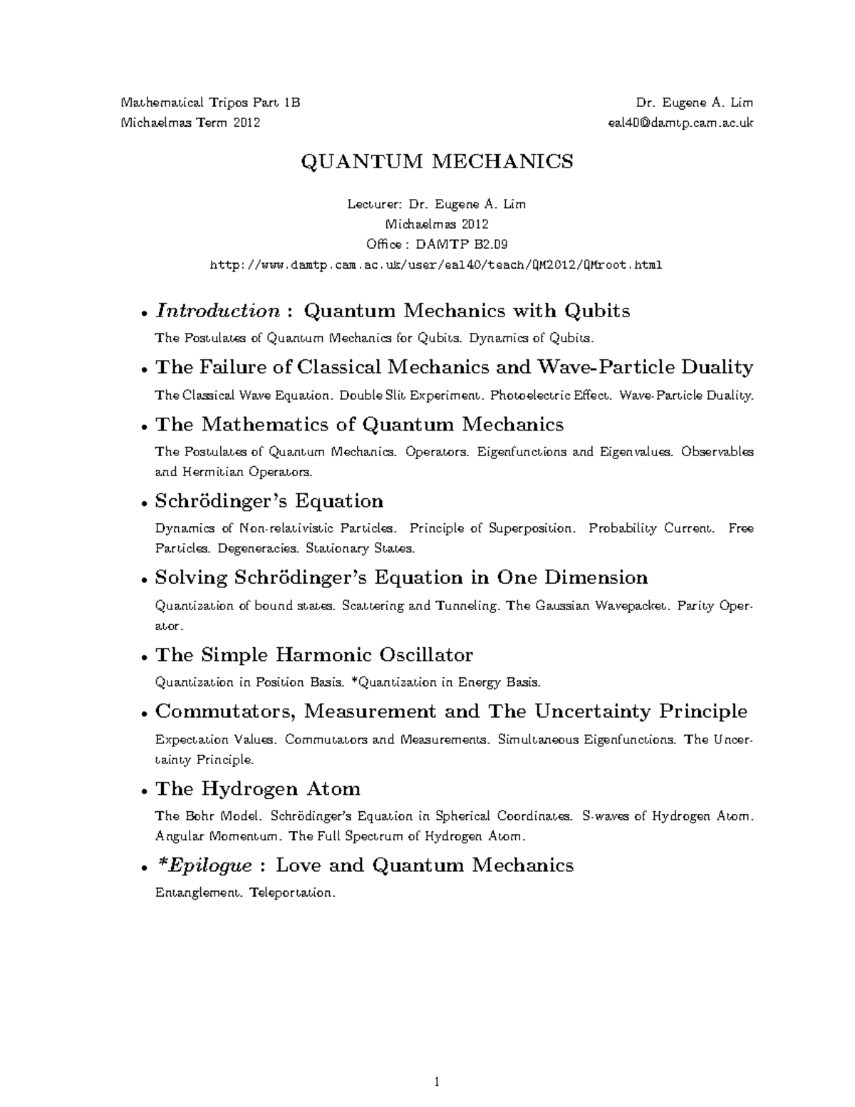 Quantum Mechanics (Part 1B) Lecture Notes - Michaelmas Term 2012 - Studocu