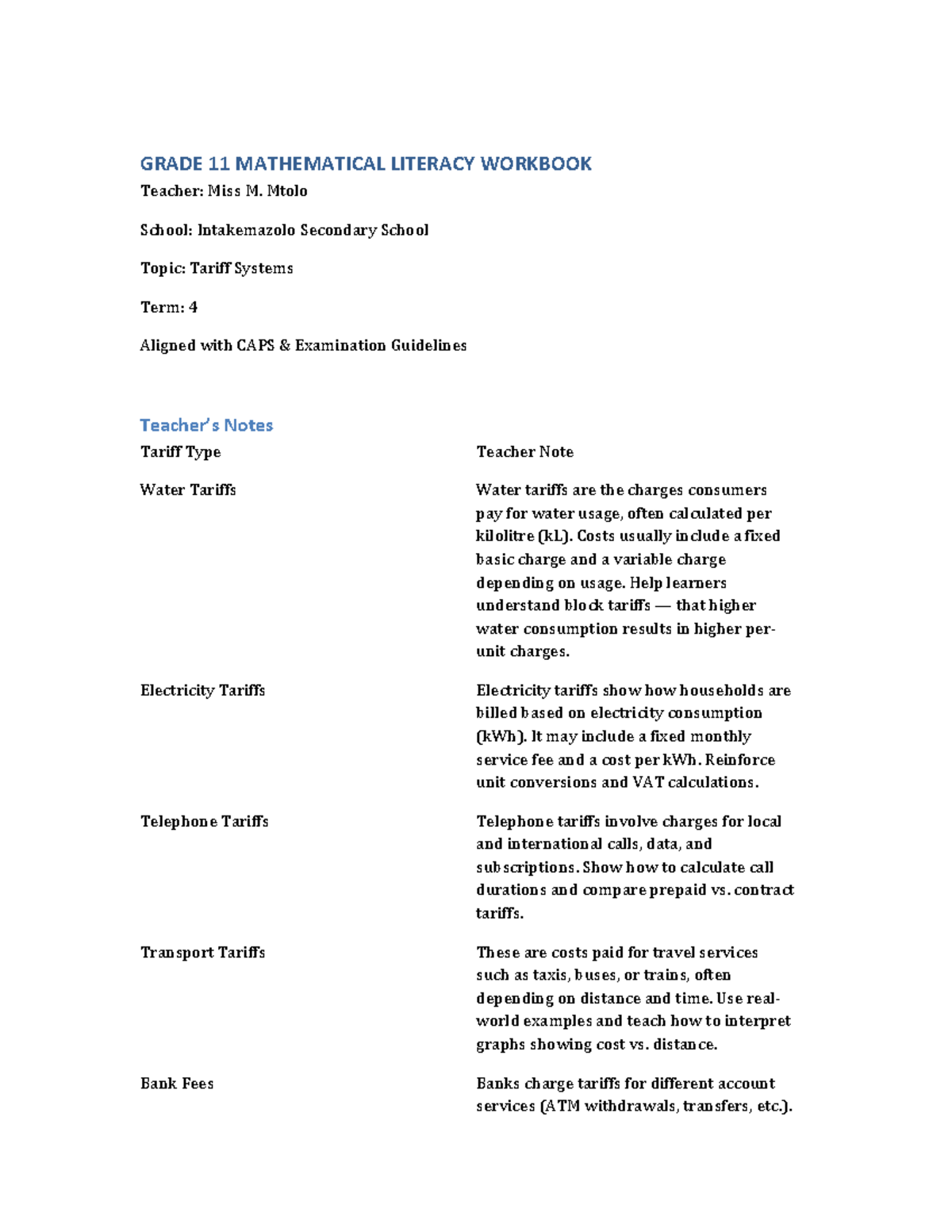 Grade 11 Mathematical Literacy Term 4: Tariff Systems Workbook - Studocu