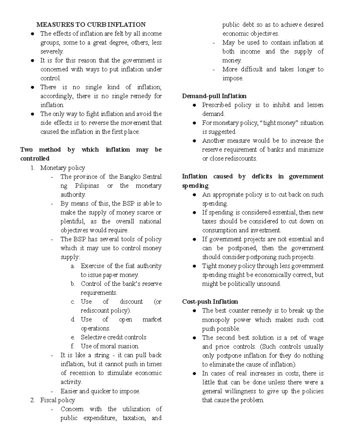 Measures TO CURB Inflation Notes - MEASURES TO CURB INFLATION The ...