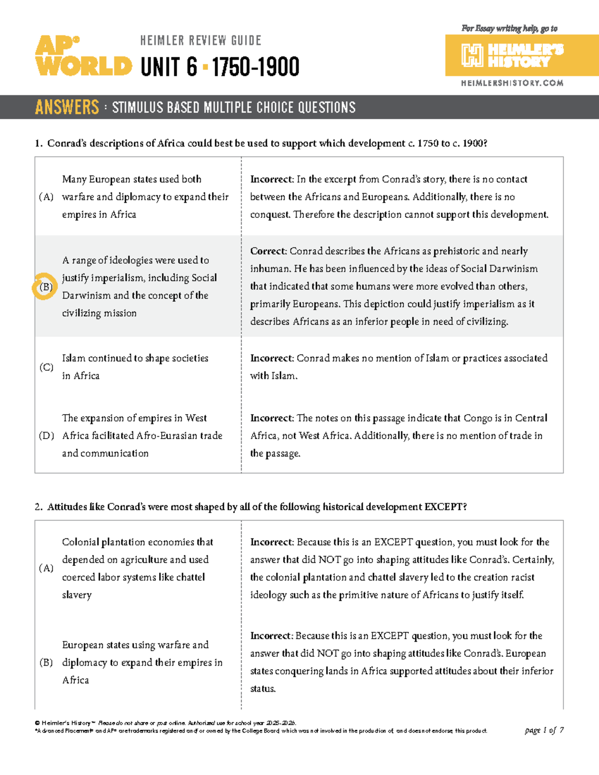 AP World HRG Unit 6 MCQ Answers: Stimulus-Based Questions Review - Studocu