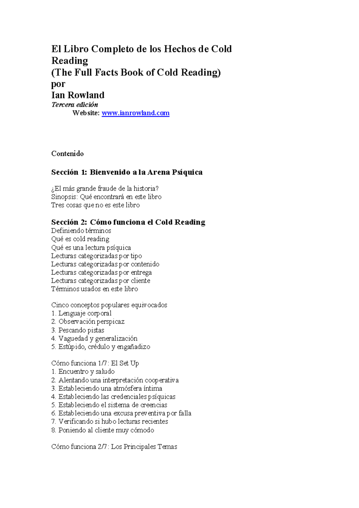 **Ian Rowland: El Libro Completo de los Hechos de Cold Reading (3ra Ed ...