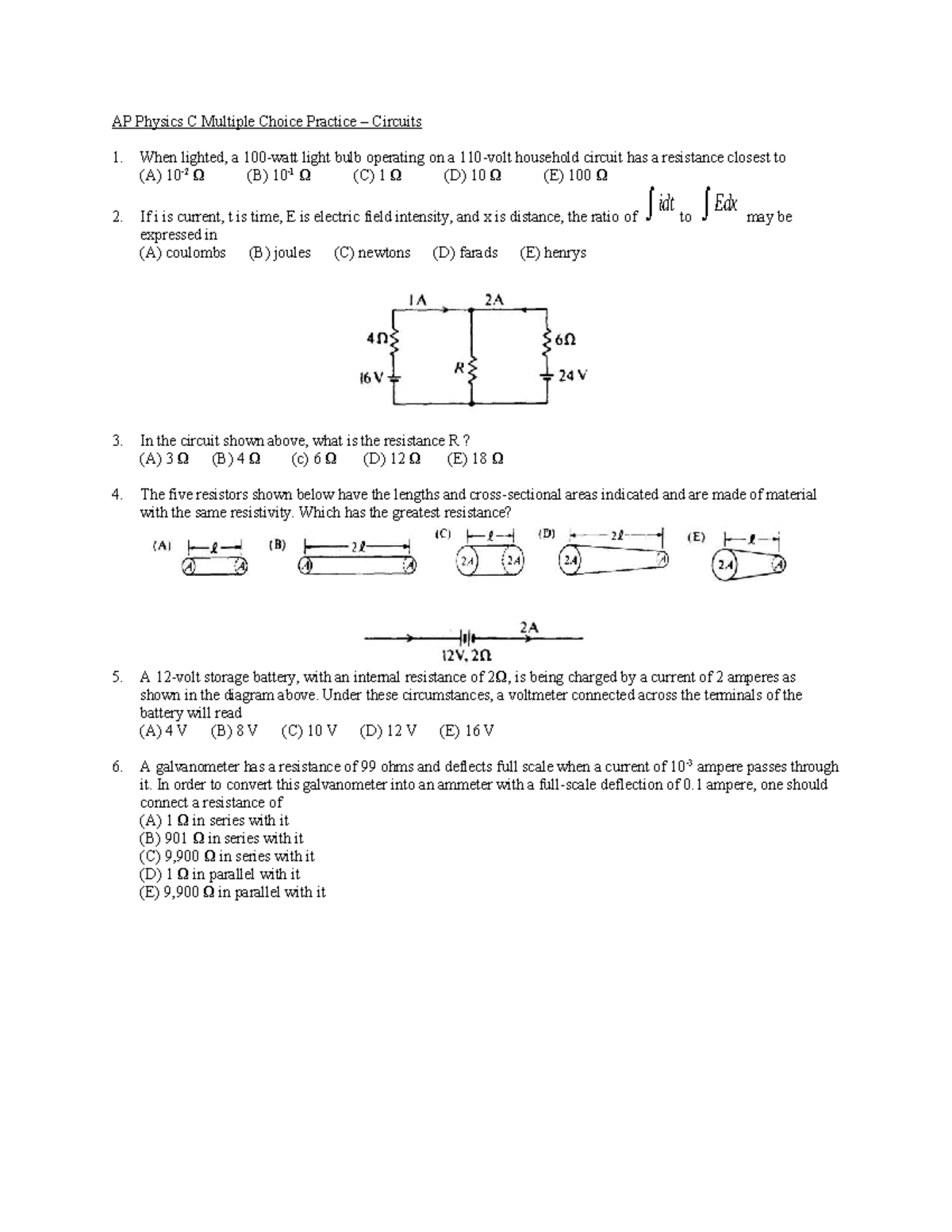 AP Physics C Final Exam Practice – Circuit Concepts and Problems - AP ...