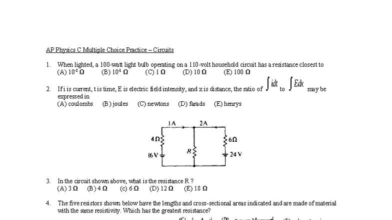 AP Physics C Final Exam Practice – Circuit Concepts and MC Questions ...