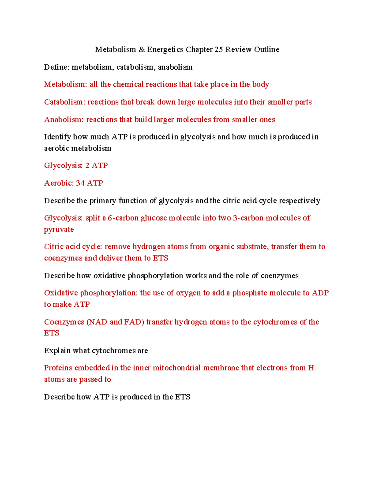 BIO 204 Chapter 25 Review Outline Completed - Metabolism & Energetics ...