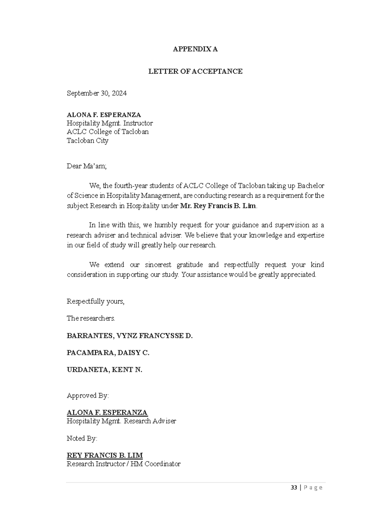 Appendix A: Research Acceptance Letter for HM 101 Study - Studocu