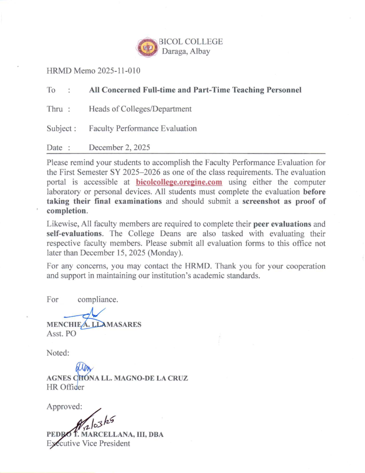 BICOL COLLEGE HRMD Memo: Faculty Performance Evaluation Notice - Studocu