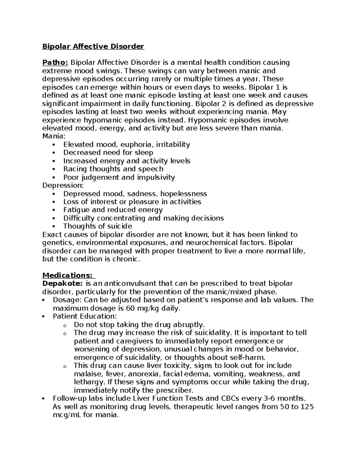 Bipolar Affective Disorder Pathophysiology & Management Notes - Studocu