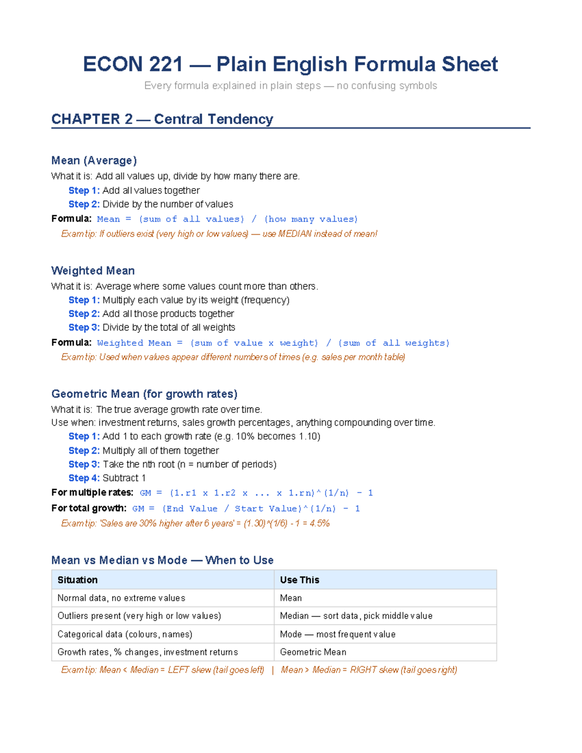 ECON 221 CHAPTER 2 & 3 Formula Sheet: Central Tendency & Probability ...