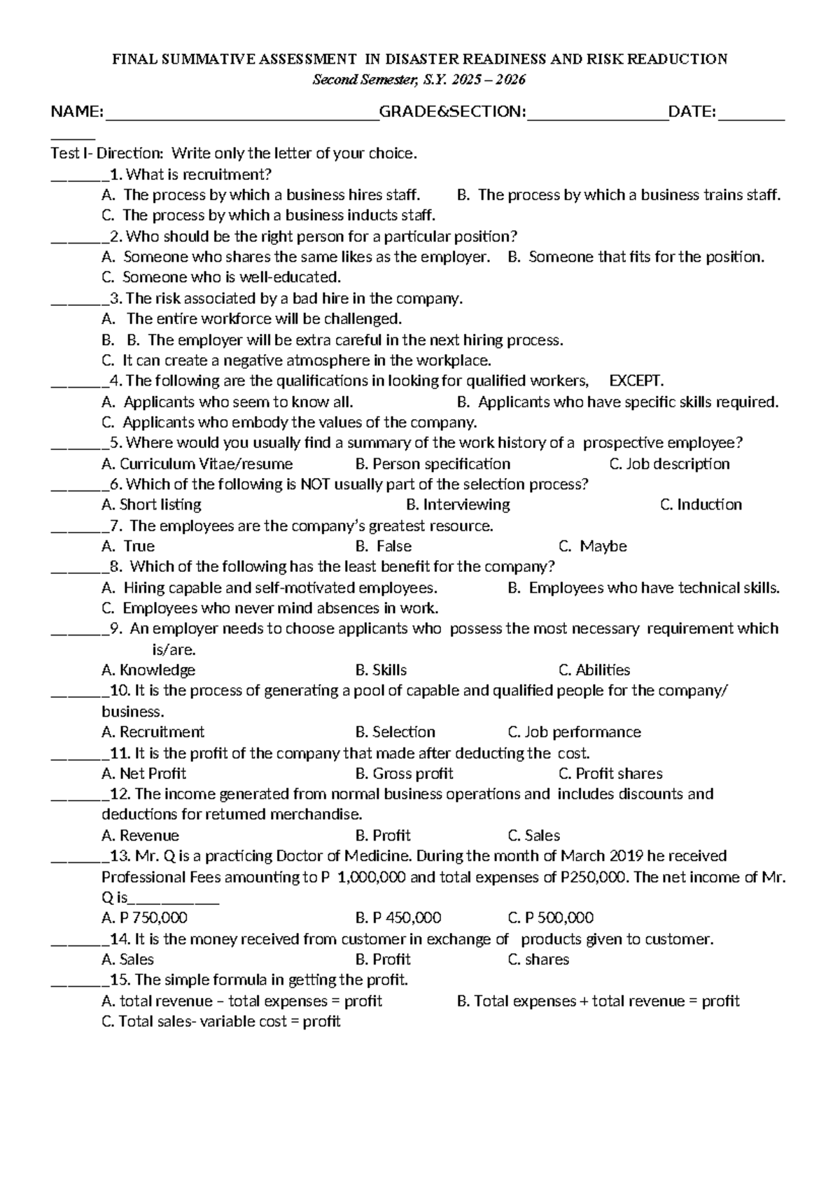 FINAL SUMMATIVE ASSESSMENT IN ENTREPRENEURSHIP S.Y. 2025-2026 - Studocu