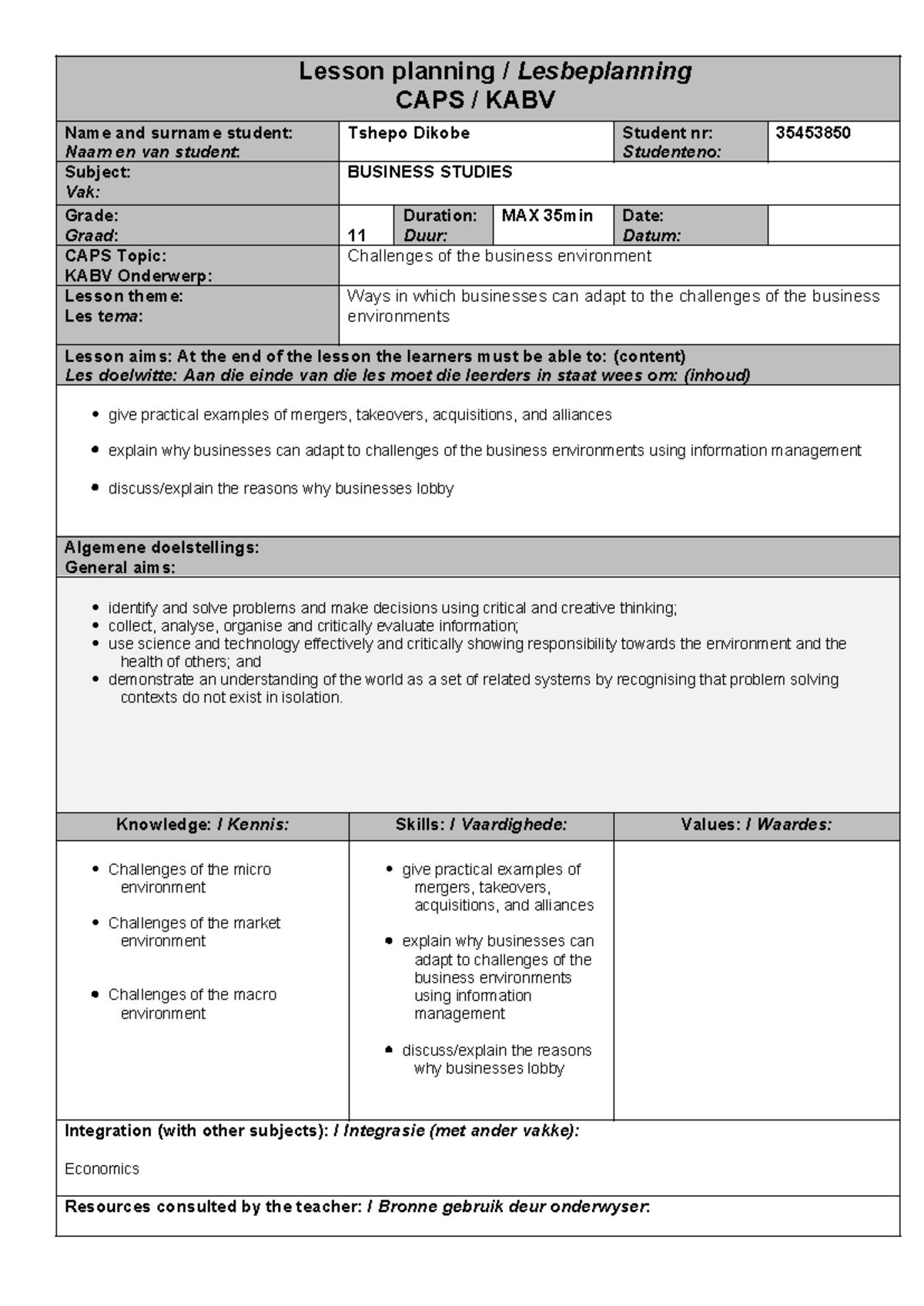 BUSINESS STUDIES Lesson Plan Template for Grade 11 (CAPS) - Studocu