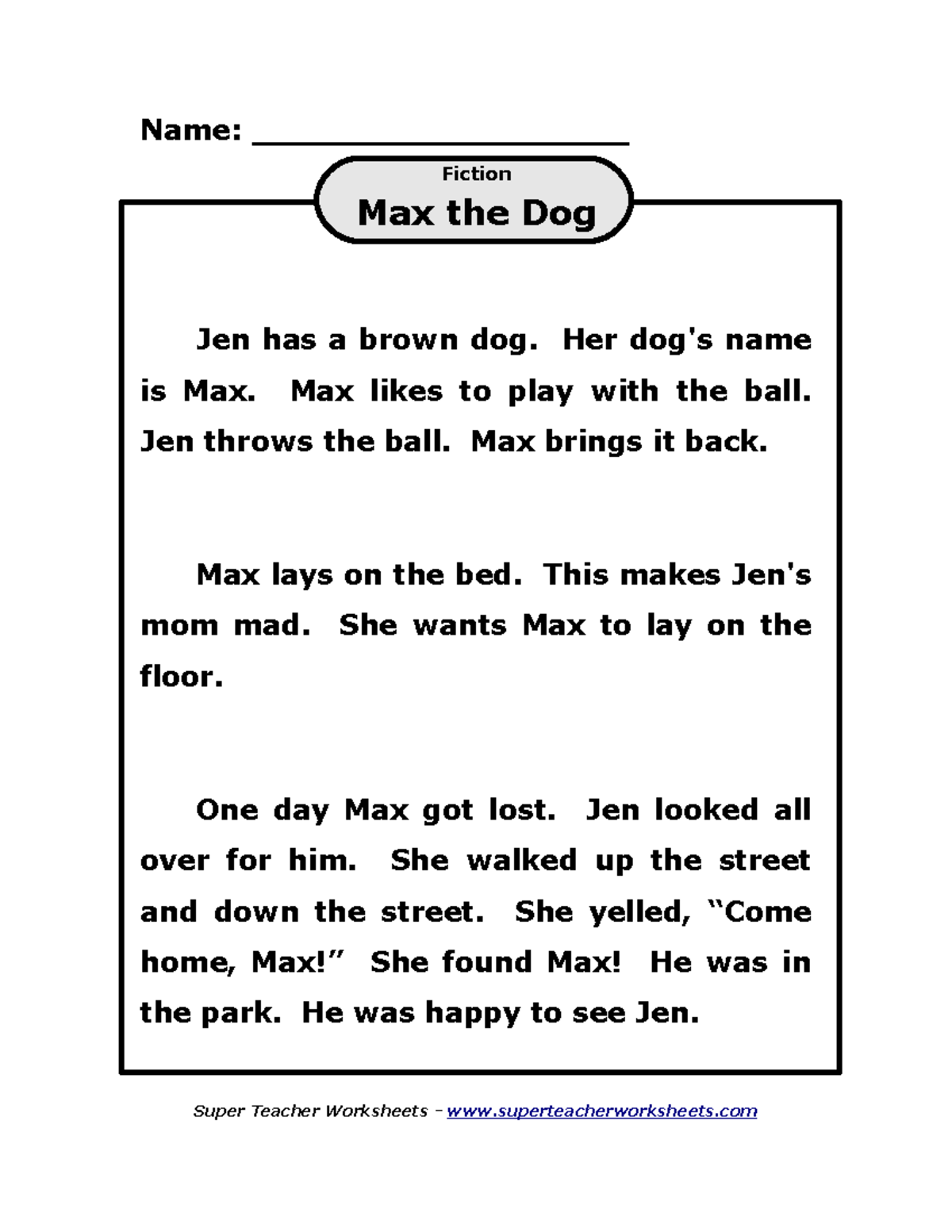Fiction Reading Comprehension: Max the Dog - Worksheet for Assessment ...
