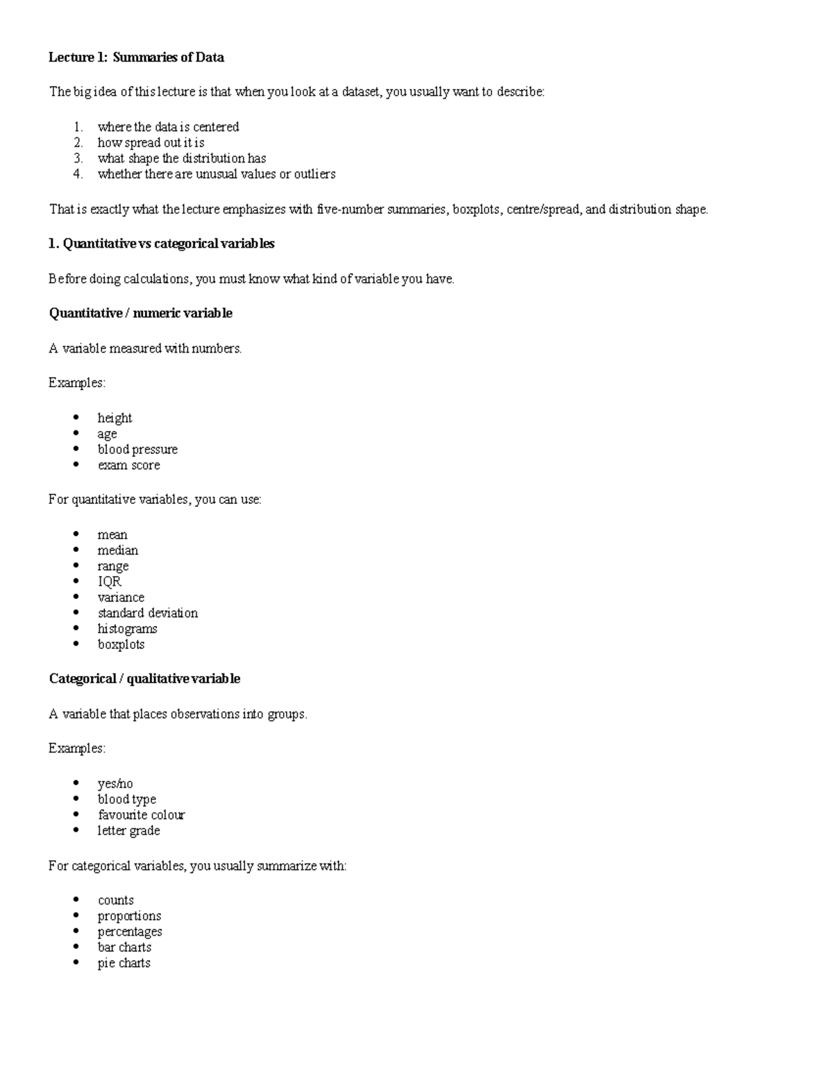 Lecture 1: Data Summaries, Boxplots, and Distribution Analysis for ...