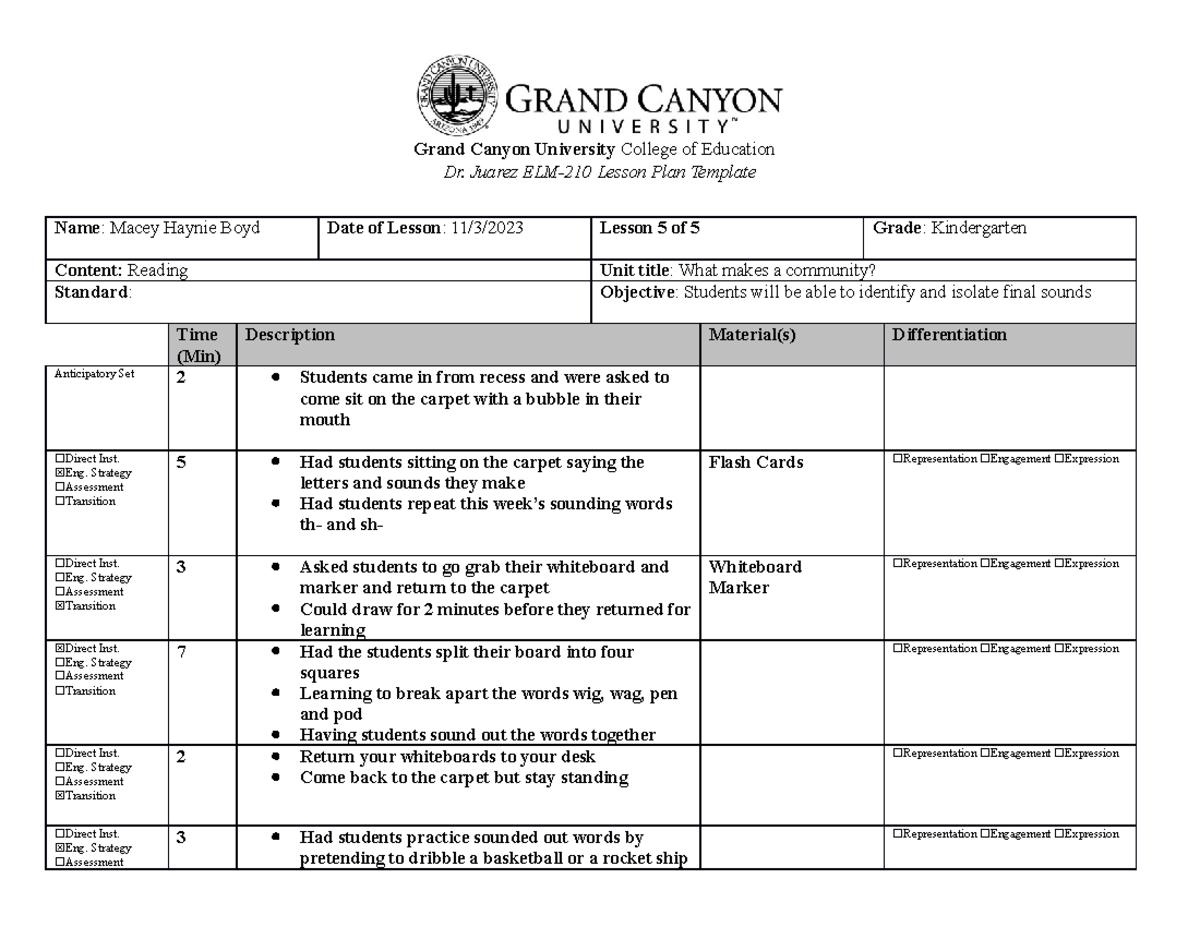 ELM-210 Final Lesson Plan: Kindergarten Reading Unit on Community - Studocu