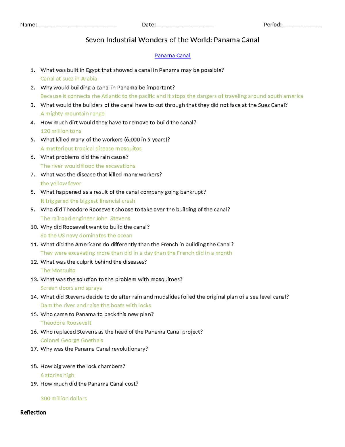 Panama Canal 7 Industrial Wonders Worksheet #2 Study Guide - Studocu