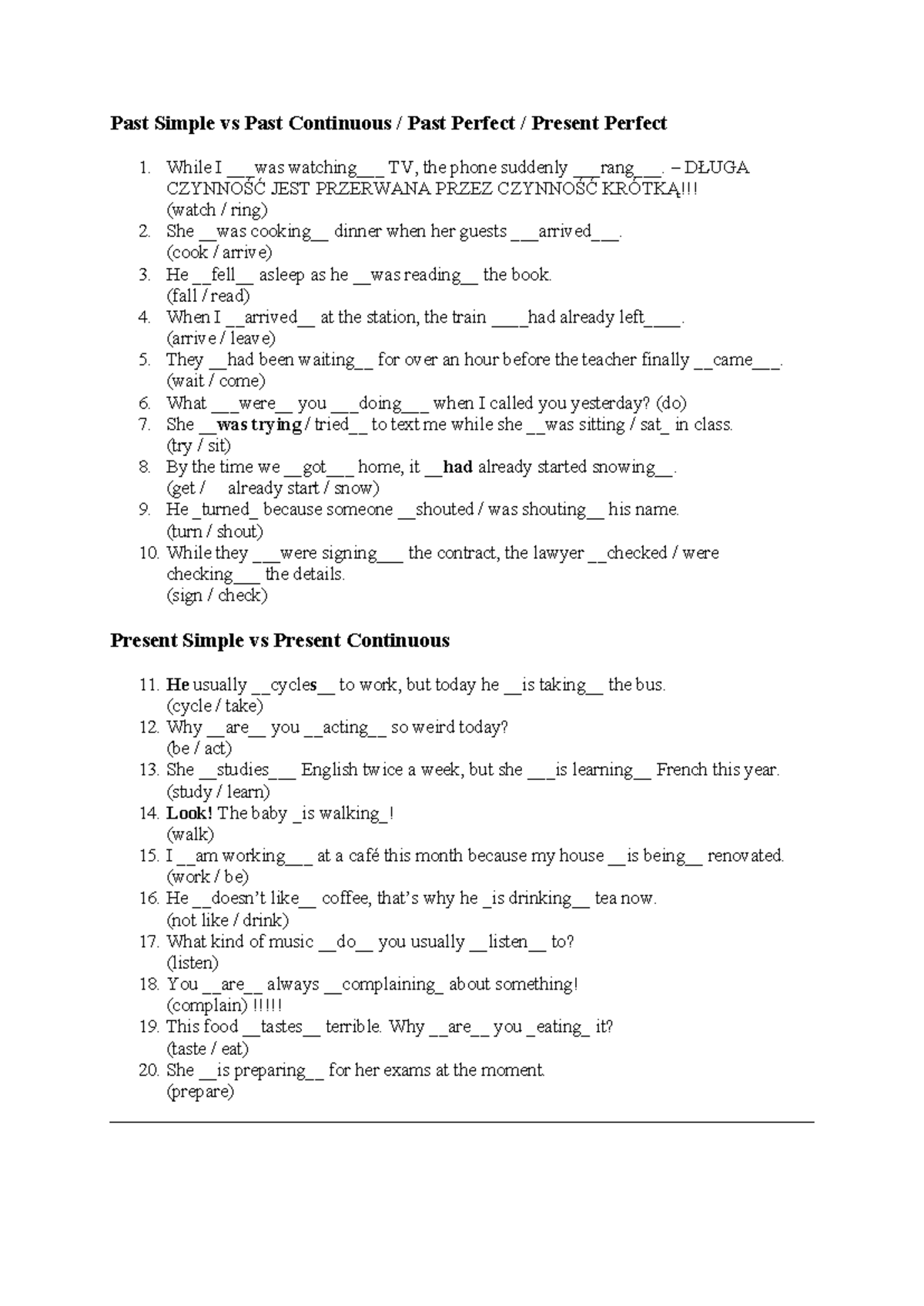 Past Simple vs Past Continuous: Tenses Practice Exercises - Studocu