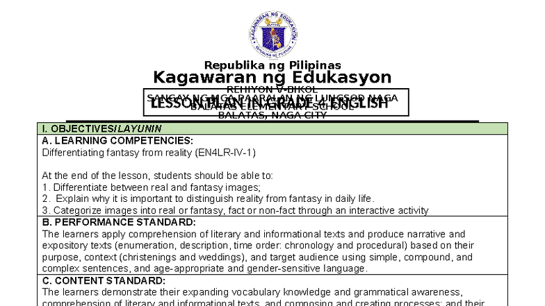 Lesson Plan for Grade 4 English: Differentiating Fantasy from Reality ...
