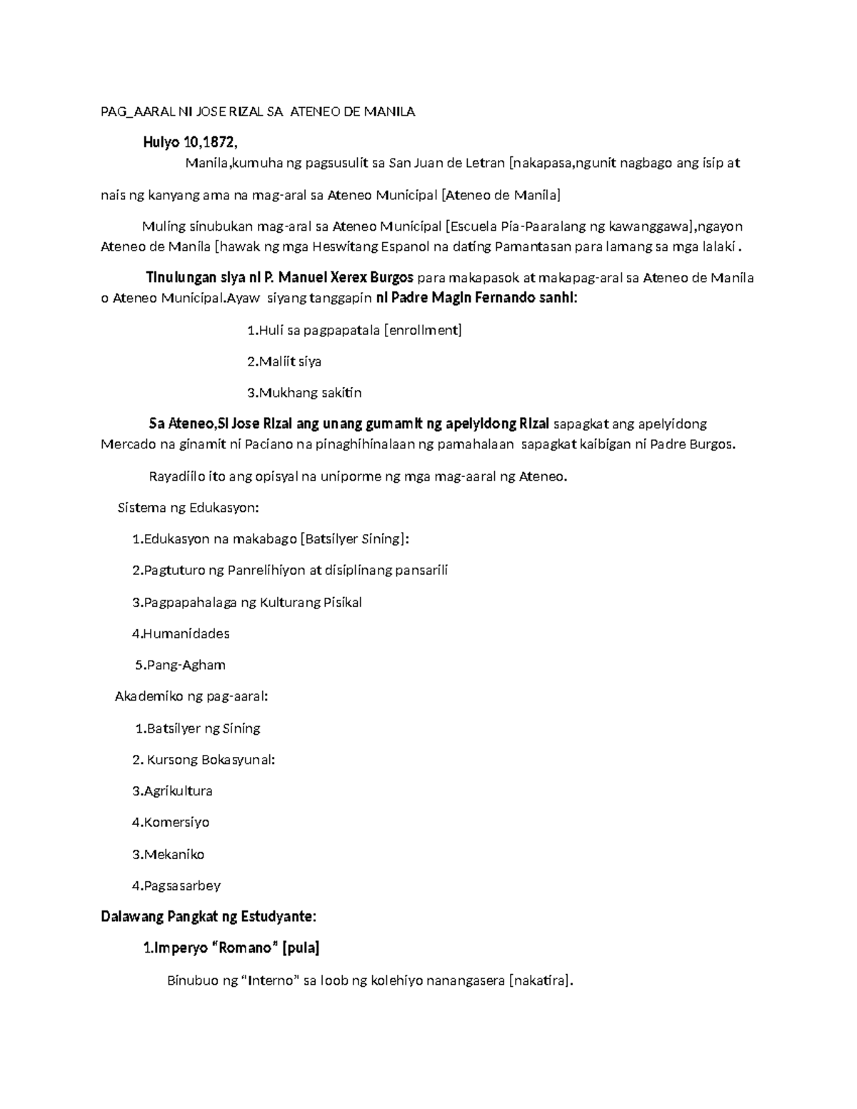 PAG-AARAL NI JOSE RIZAL SA ATENEO DE MANILA: BUHAY AT MGA TULA - Studocu