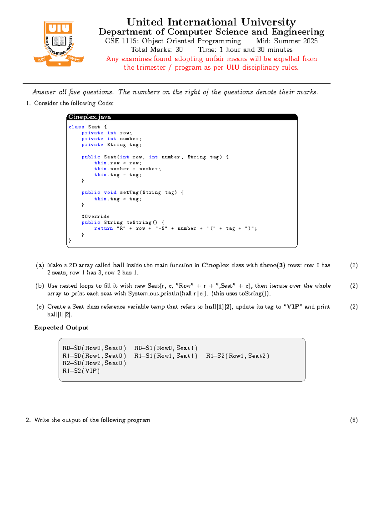 OOP CSE252 Midterm Exam Practice - Summer 2025 - Studocu