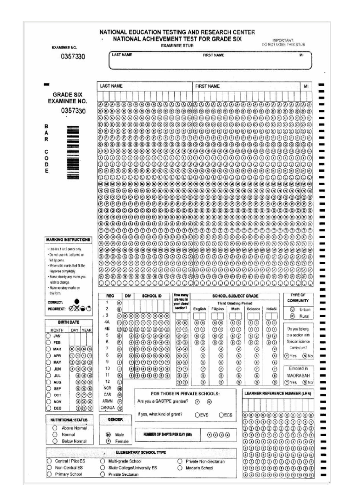Grade 6 NAT Name Grid Reference - Important Exam Instructions - Studocu