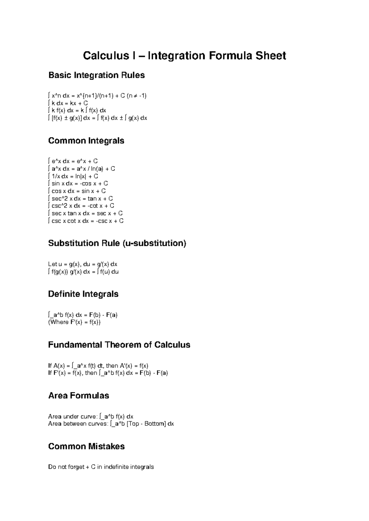 Calculus I – Integration Formula Sheet and Common Rules - Studocu