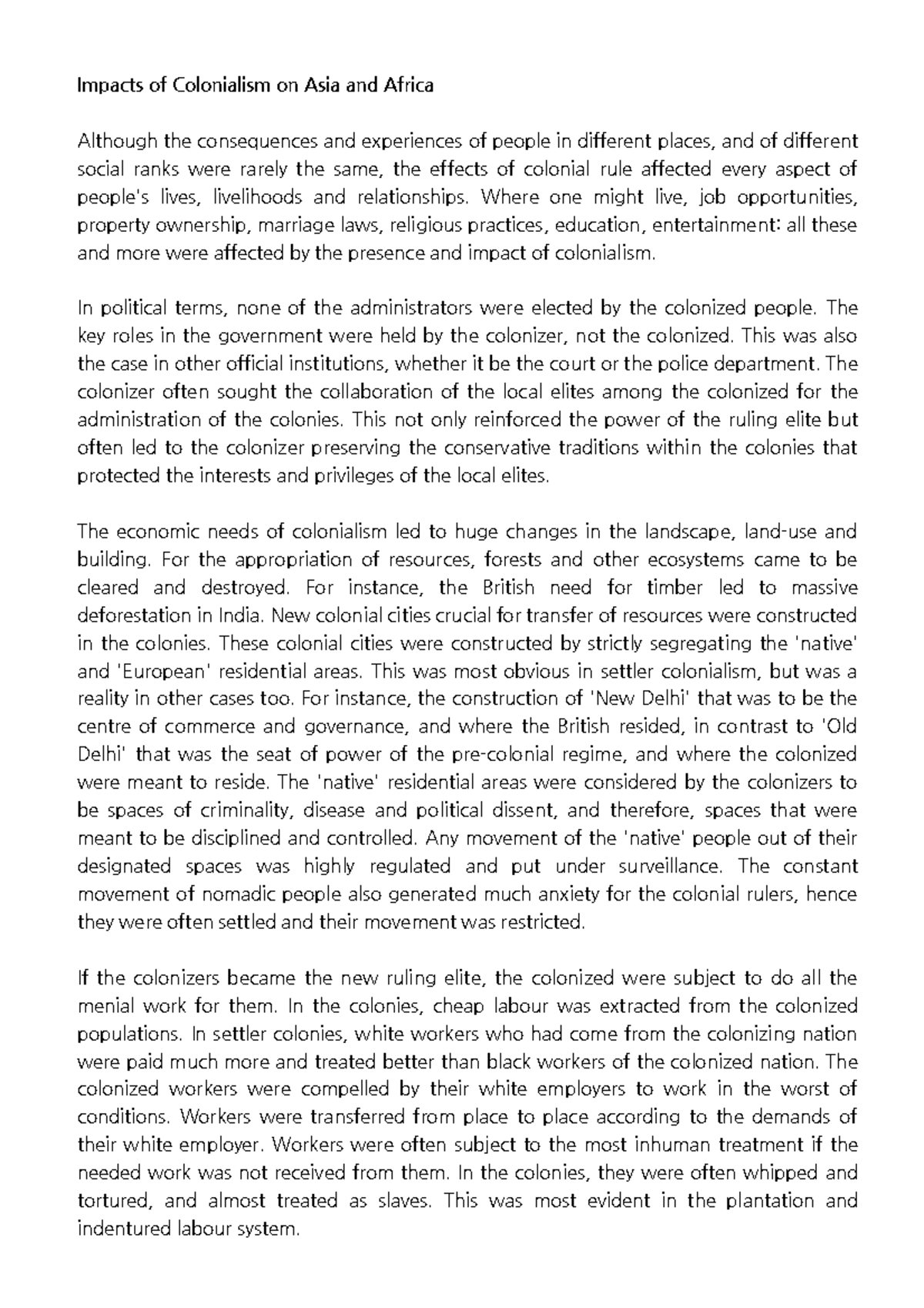 Impacts of Colonialism on Asia and Africa: A Comprehensive Study - Studocu