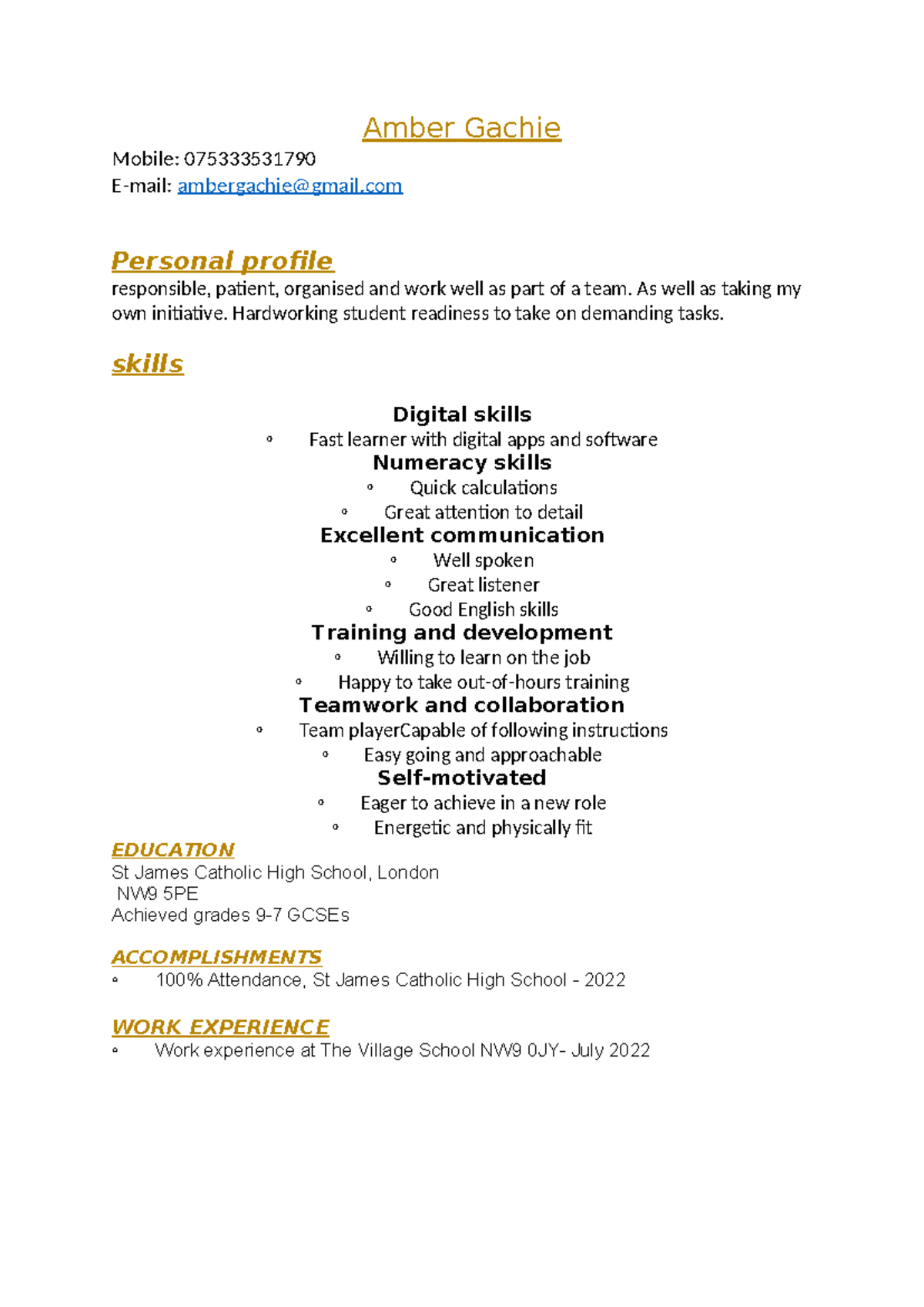 CV for Amber Gachie - Job Application Document - Studocu