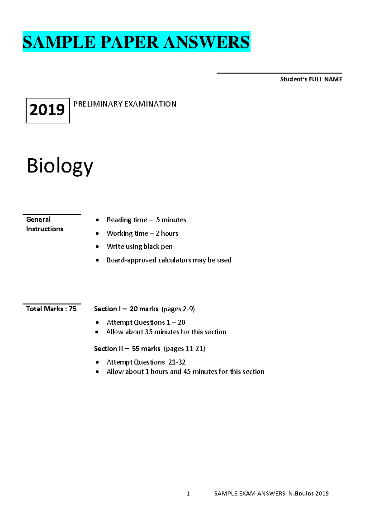 2019 Biology Preliminary Exam Sample Paper Answers - Studocu