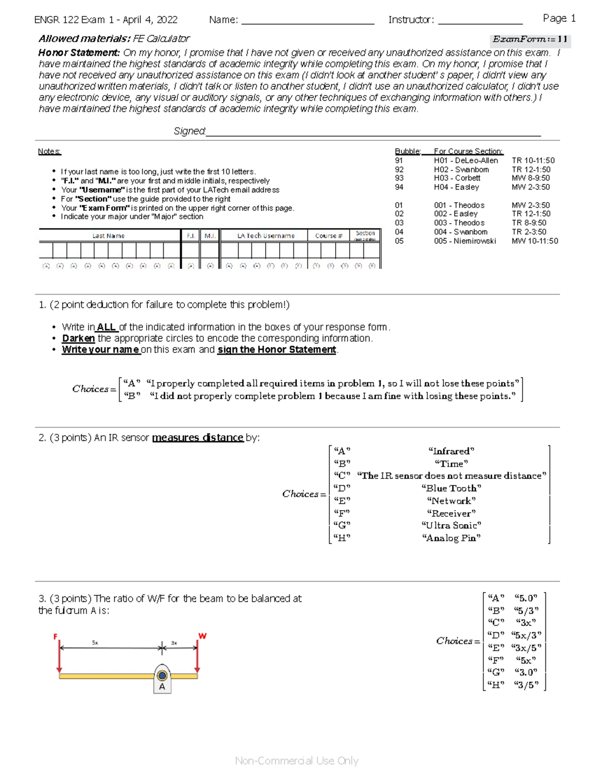 223 E1 ENGR122 Form11 - na homework - Allowed materials: FE Calculator ...