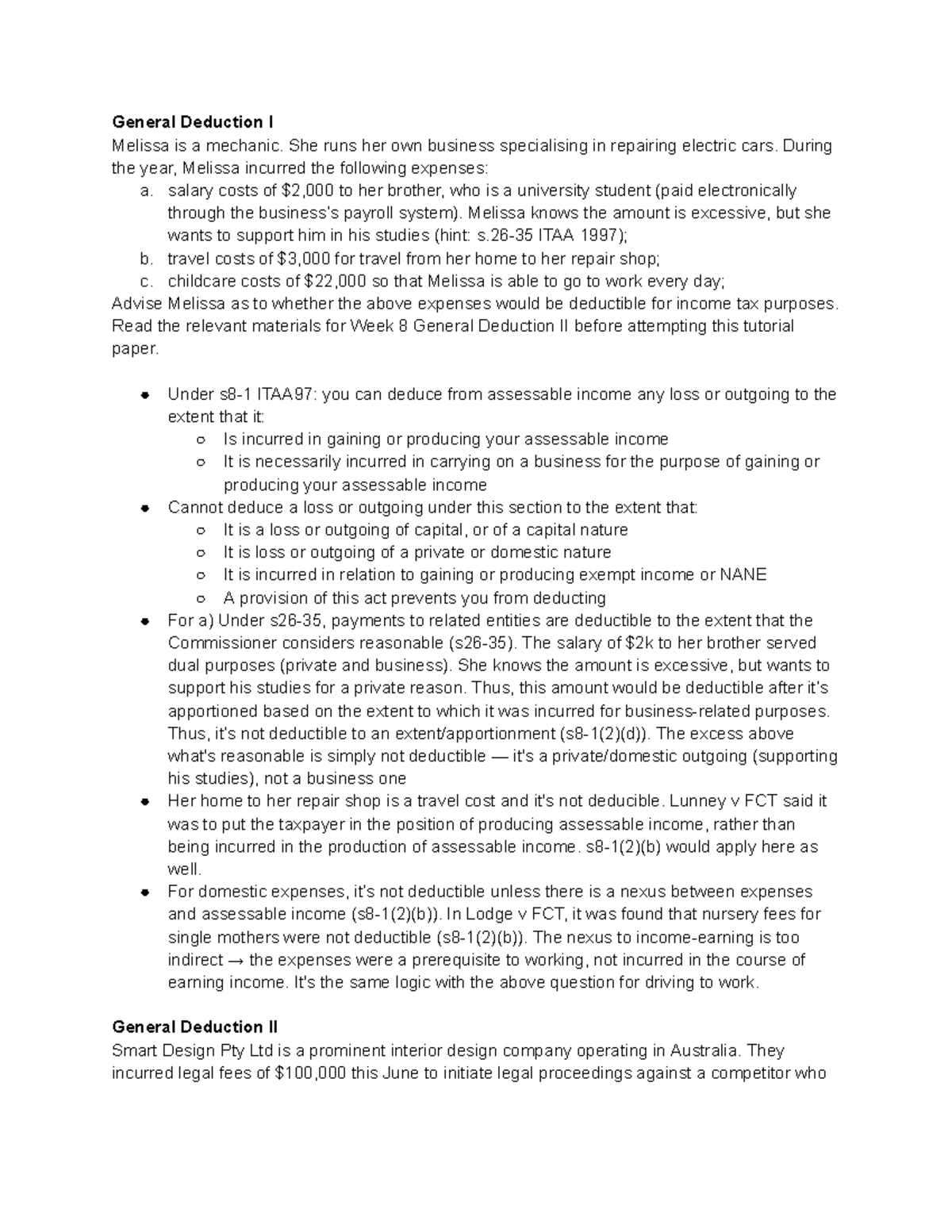 ATL Notes - Australia Taxation System Tutorial Q&A on Deductions - Studocu