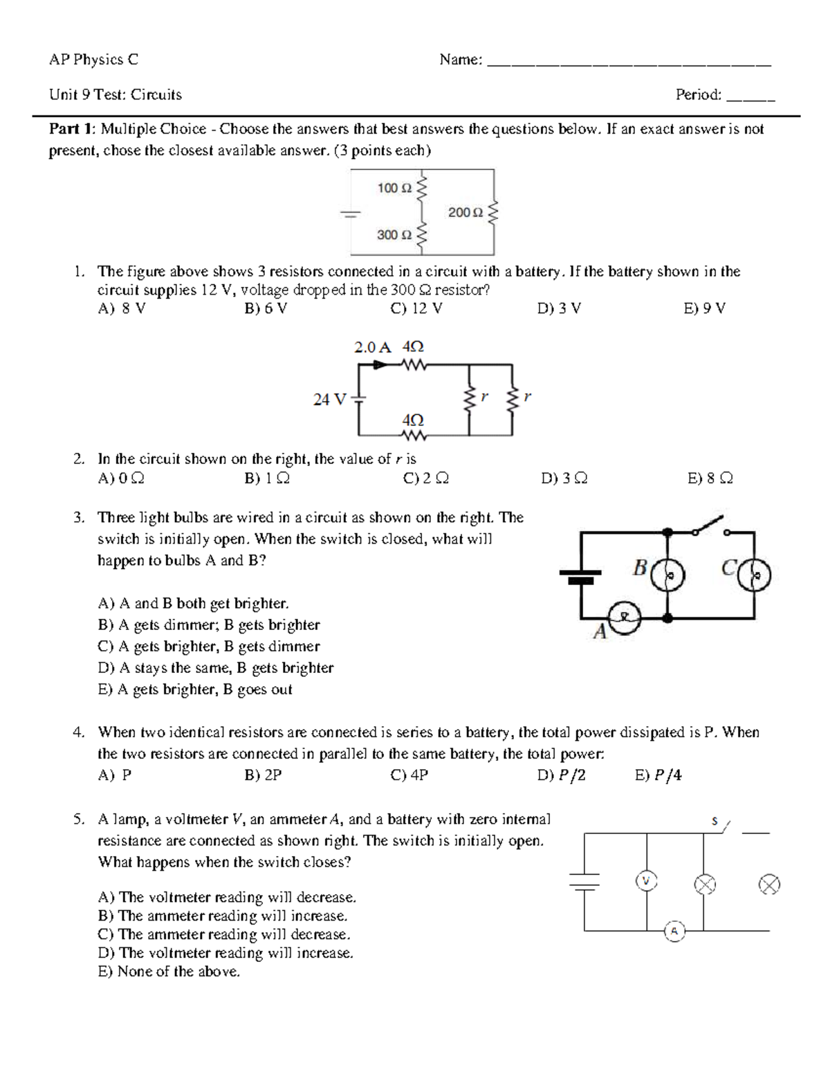 AP Physics C: Unit 9 Practice Test on Circuits - Studocu