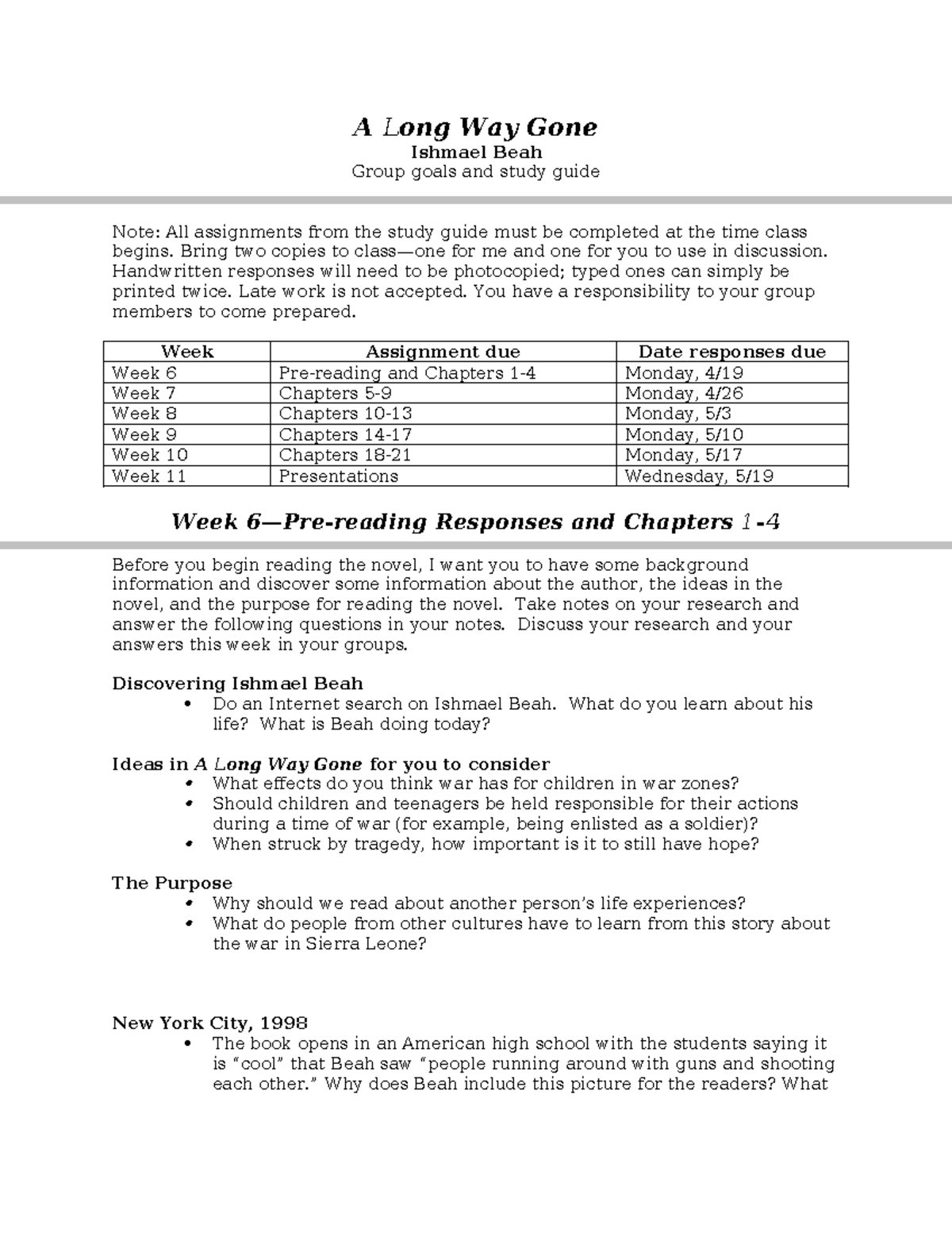 Study Guide: A Long Way Gone (ENG 101) - Group Goals & Assignments ...