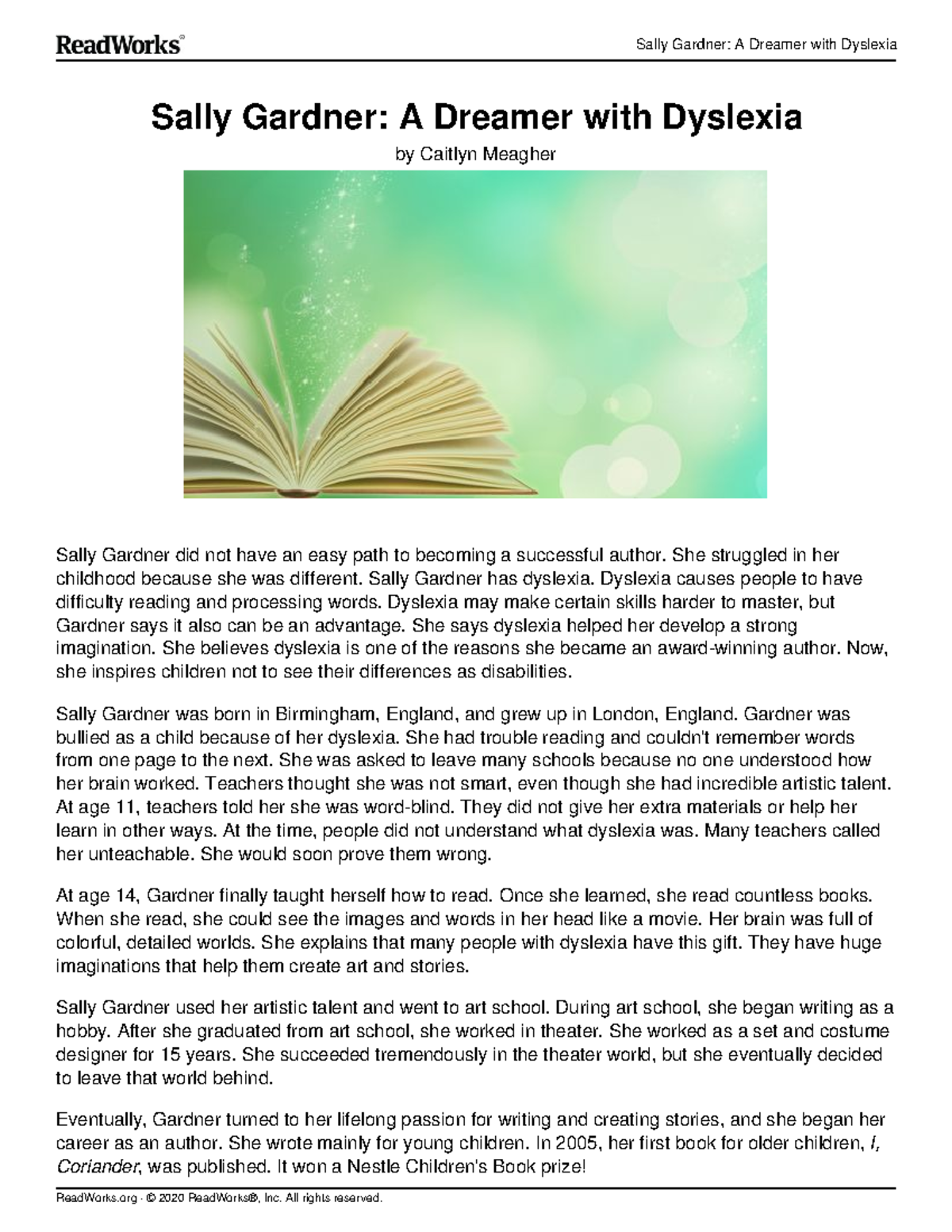 Sally Gardner: A Dreamer with Dyslexia - Reading Comprehension Activity ...