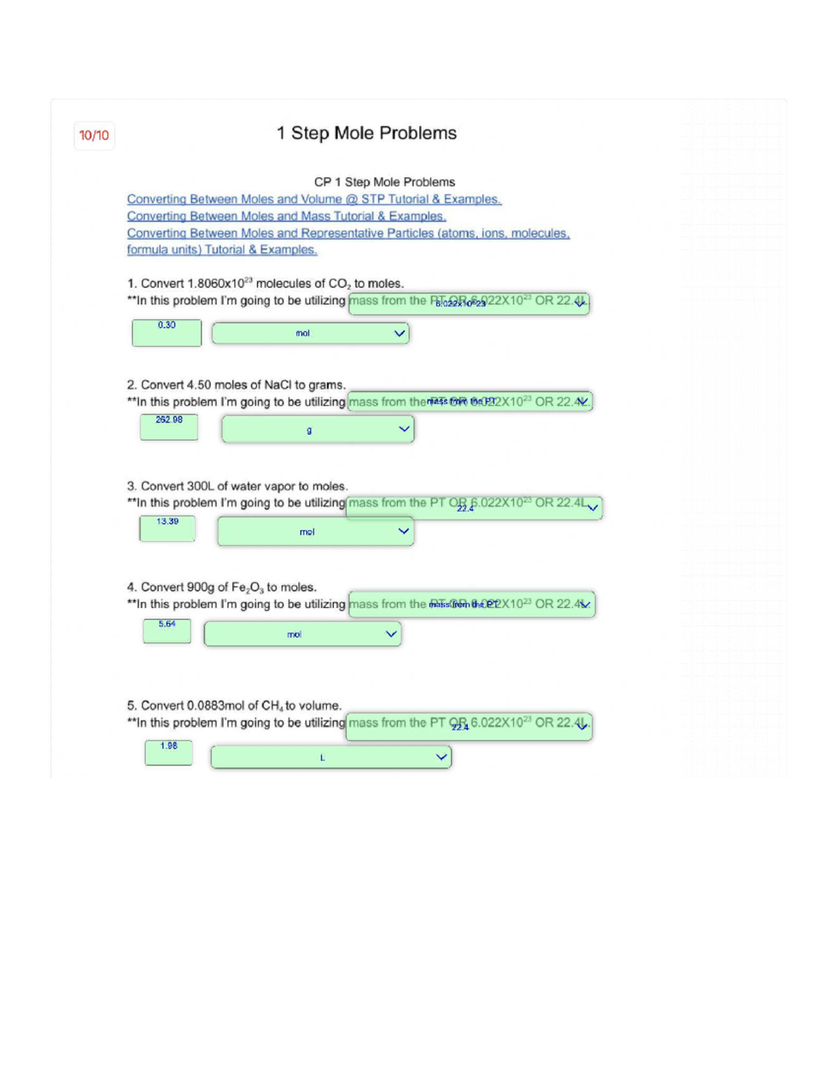 1 Step Mole Conversion Problems CP - Live Worksheet LWS - Studocu