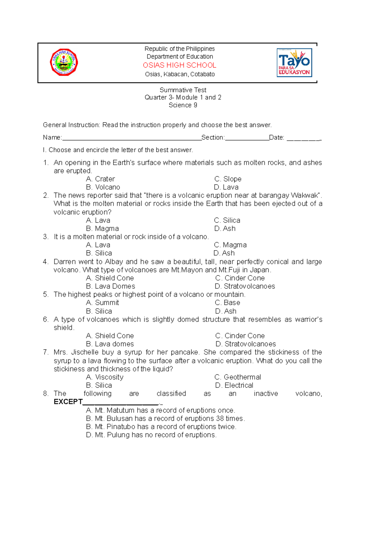 Summative Test Q3 in Science 9: Volcanoes and Tectonic Plates - Studocu