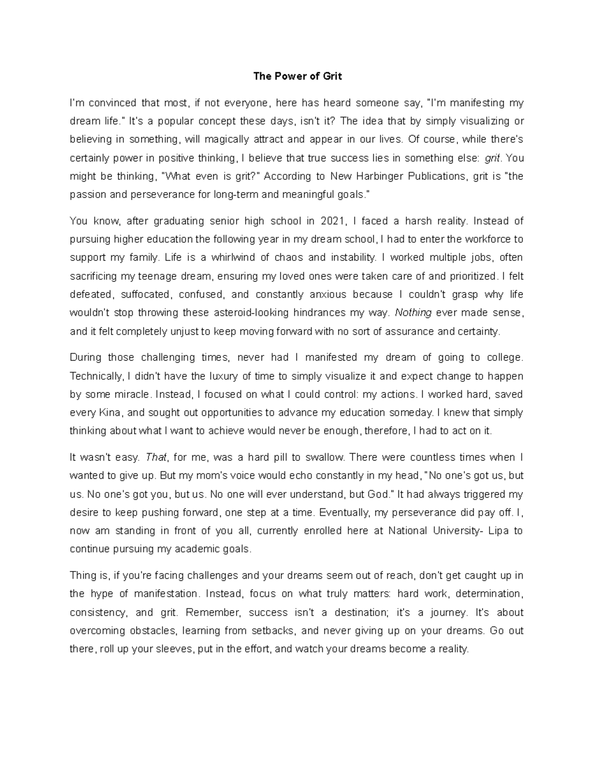The Power of Grit - Purposive Communication Essay Insights - Studocu