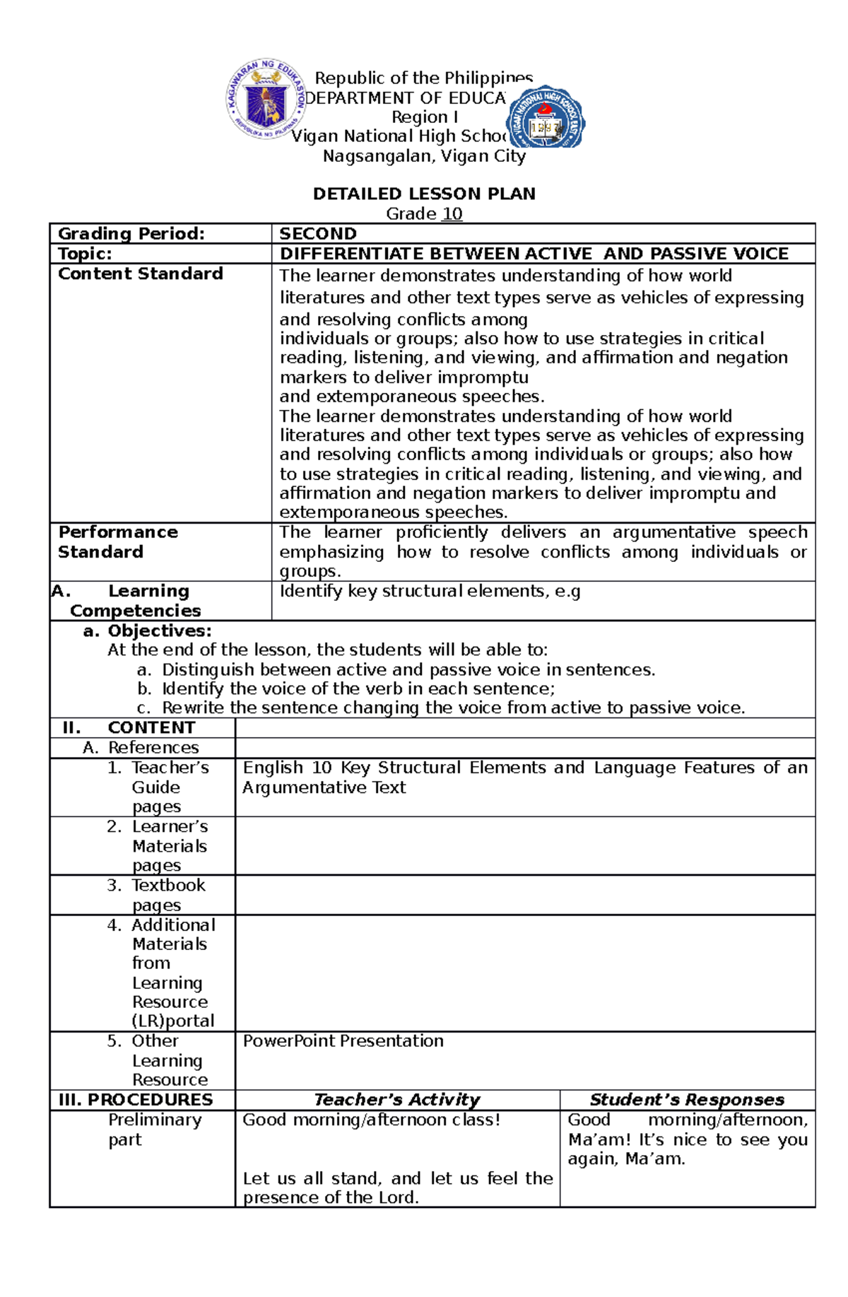 Active and Passive Voice Lesson Plan for Grade 10 English 10 - Studocu