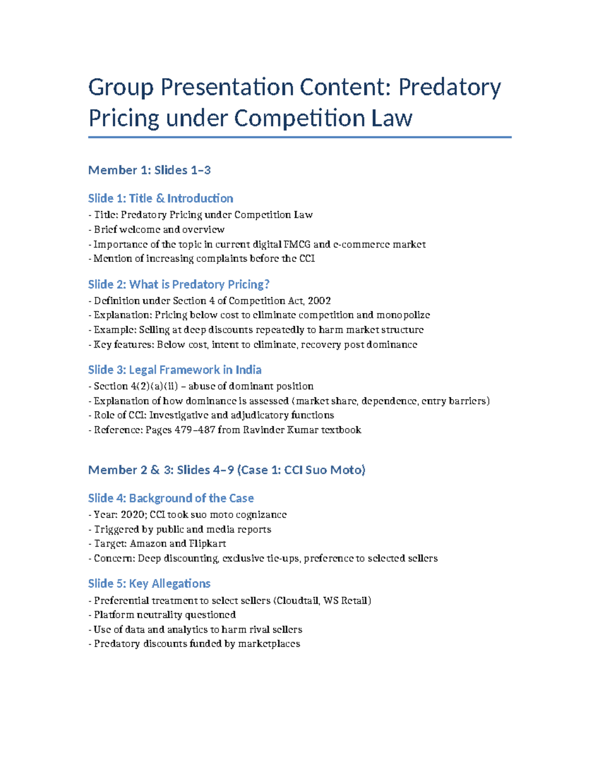 Group Presentation: Predatory Pricing under Competition Law - Studocu