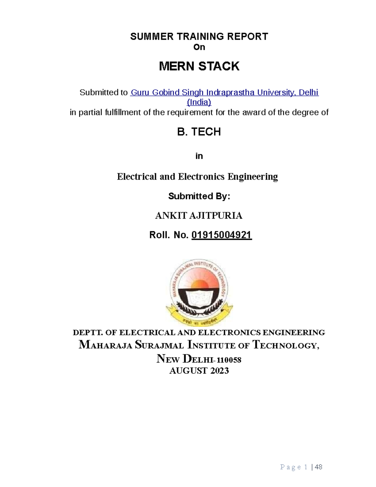 Internship Report on MERN Stack Web Dev - B. Tech EEE - Summer 2023 ...