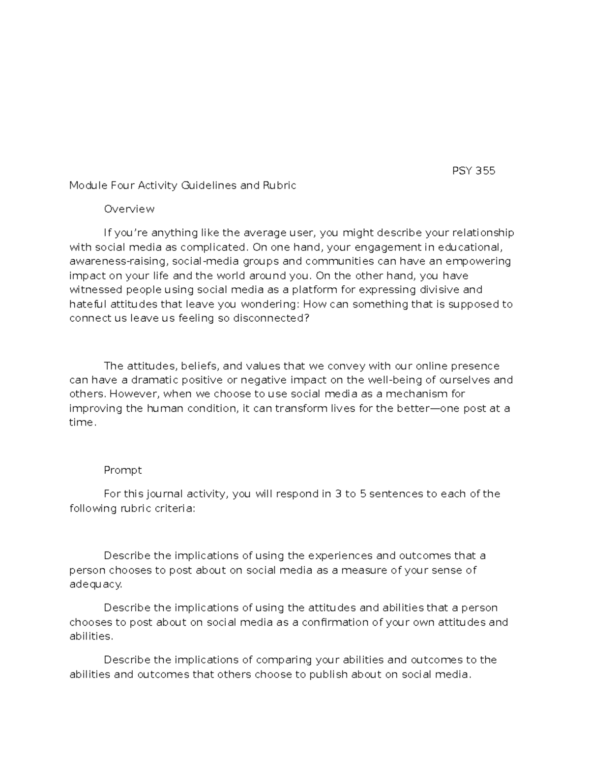 PSY 355 Module Four Activity Guidelines and Rubric - Studocu